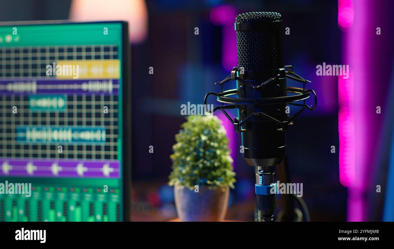 Empty home studio used to create music with electronic console and devices, pre amp knobs and ...