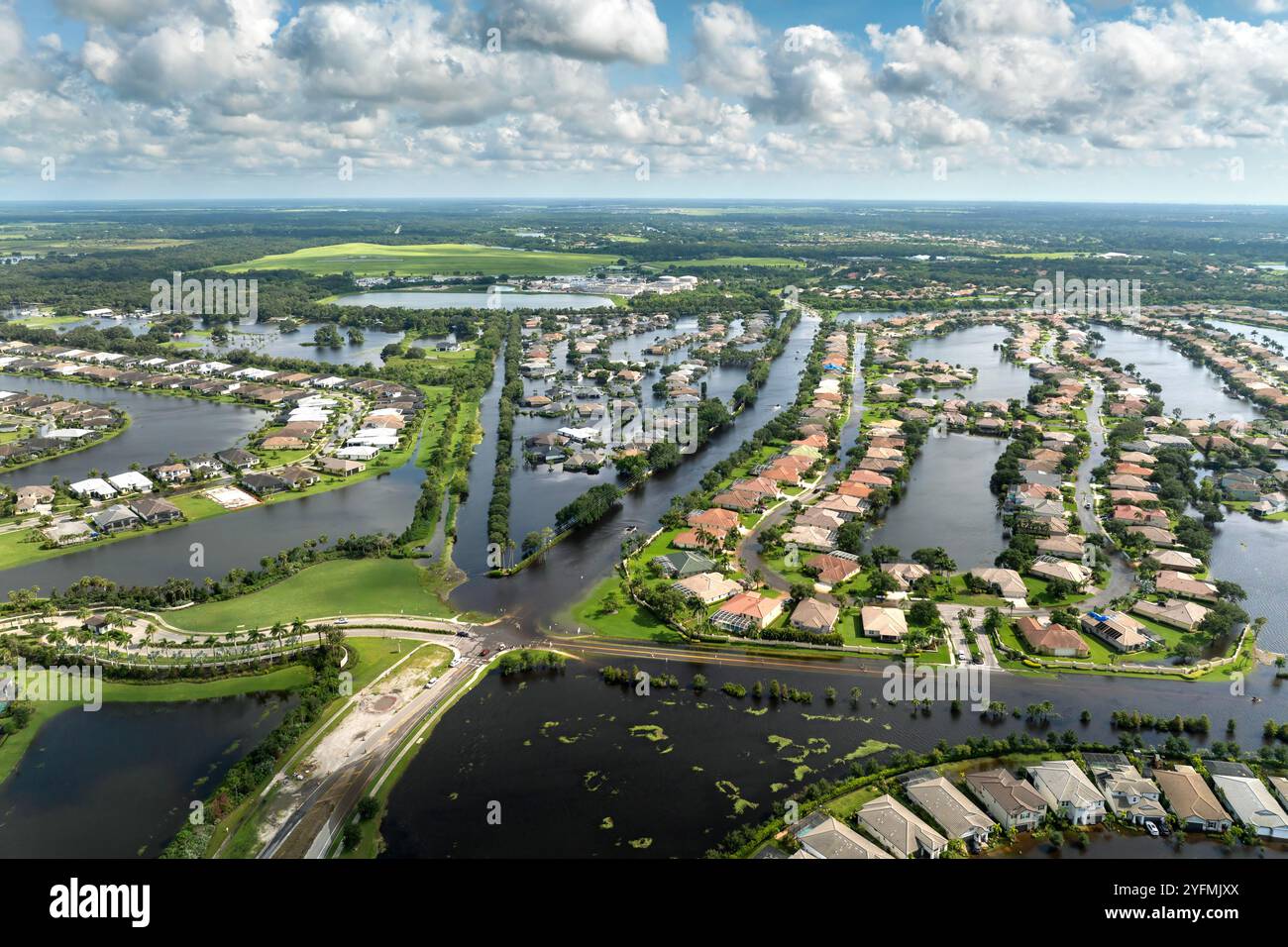 Flooded houses from hurricane rainfall water in Florida residential ...