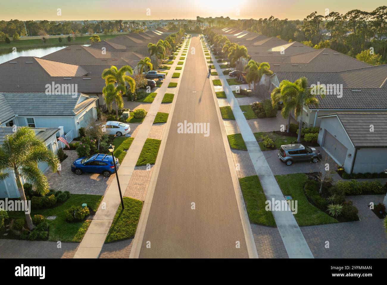 American gated community houses in rural US suburbs. View from above of ...