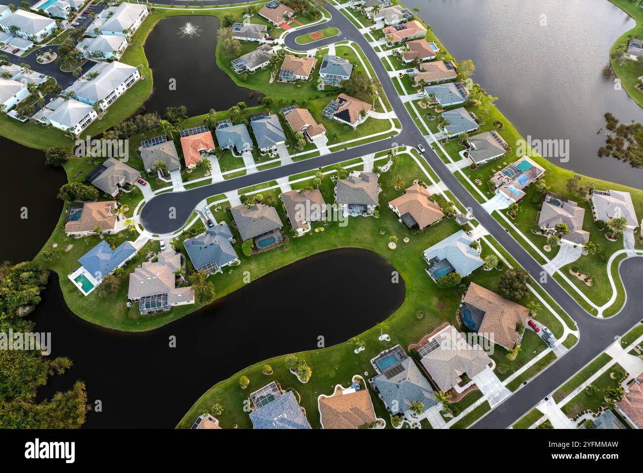 American gated community houses in rural US suburbs. View from above of ...