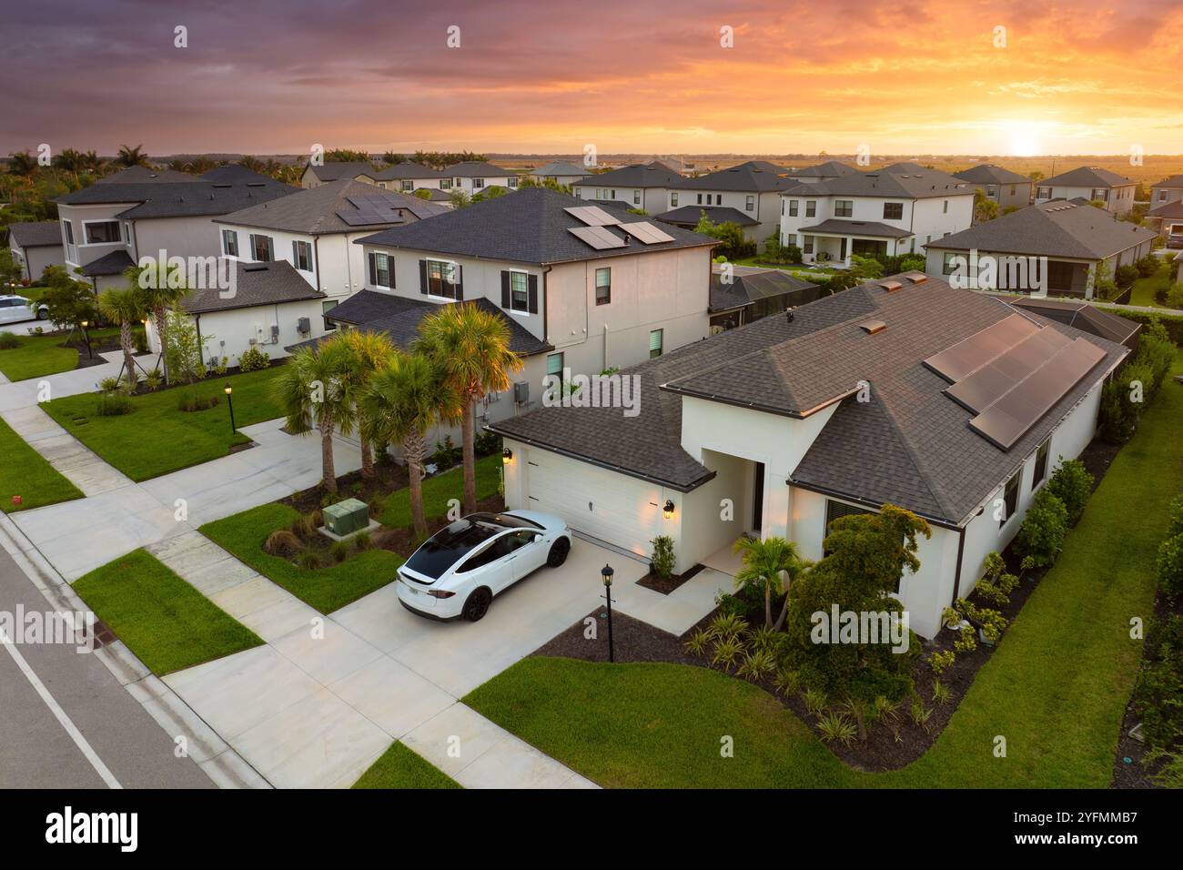American gated community houses in rural US suburbs. View from above of ...