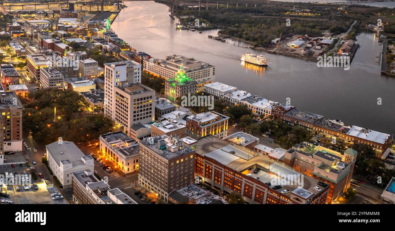 Aerial view of Savannah, old historical city in Georgia. River Street ...