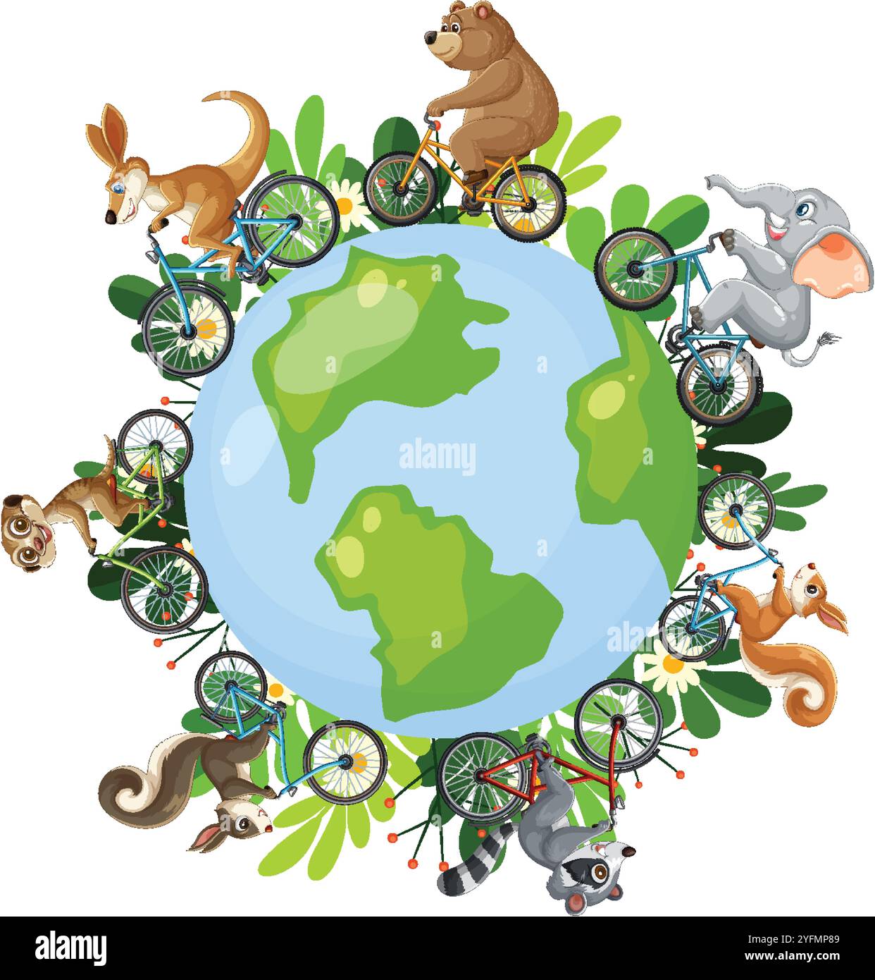 Animals riding bicycles around a globe illustration Stock Vector Image ...