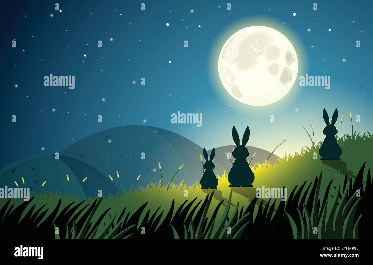 Three rabbits admire the moonlit night sky Stock Vector Image & Art - Alamy