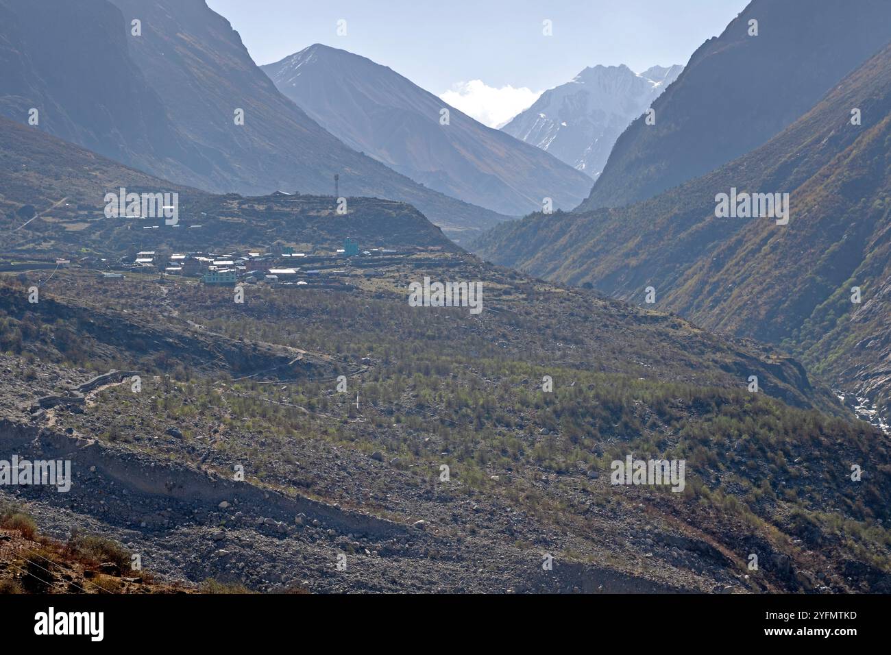 The new Langtang Village above the rubble of the avalanche that ...