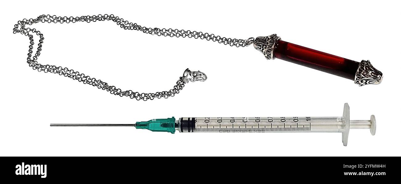 Vintage vampire blood vial holding blood and a syringe Stock Photo - Alamy