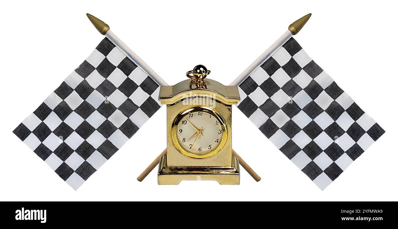 Black and white checkered flags with Golden Clock to show time passes ...