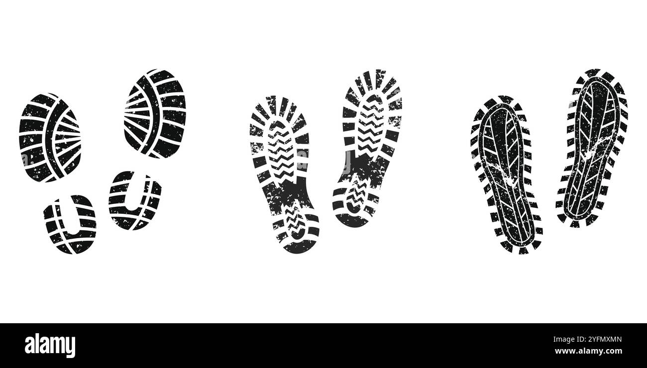 Grunge Style Shoe Print Vector Set - Vintage Footprint Tread Marks for Outdoor, Hiking and ...