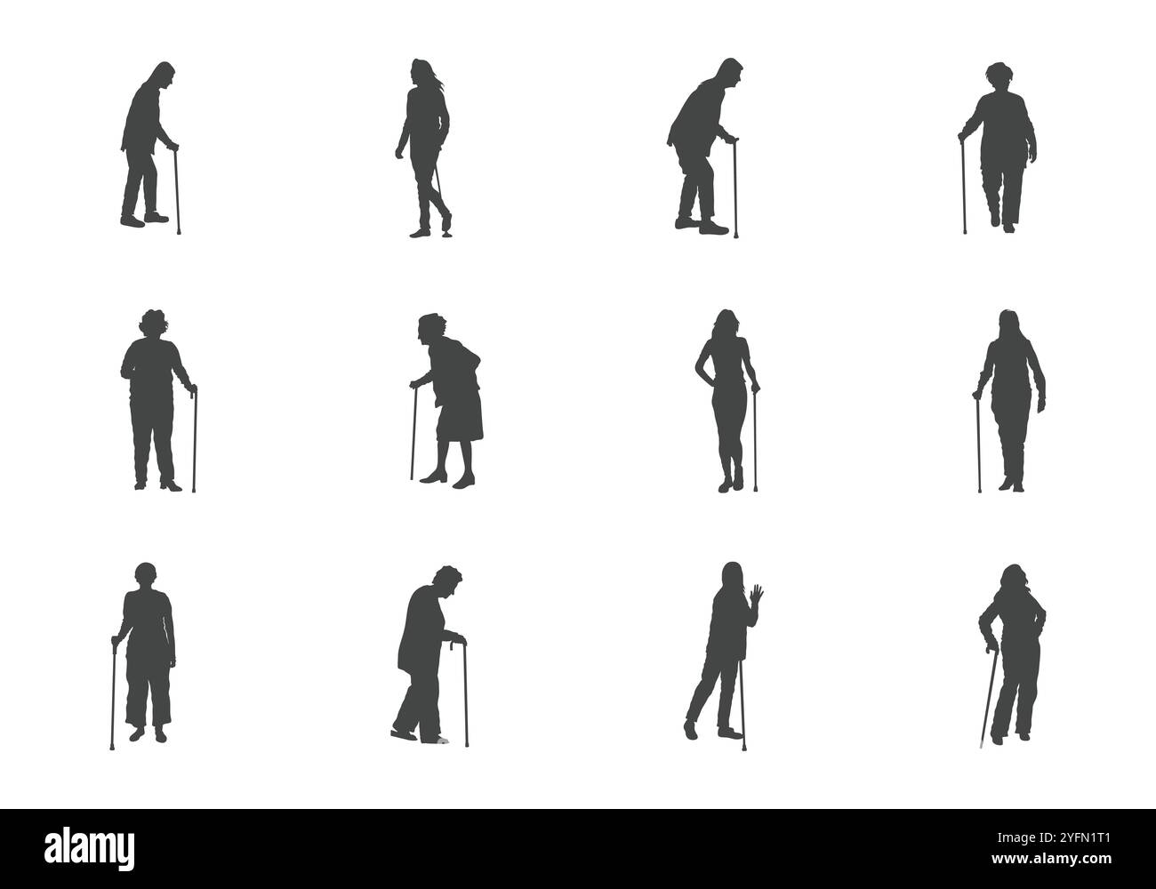 Old lady walking with cane vector, Old women with cane silhouette, Old ...