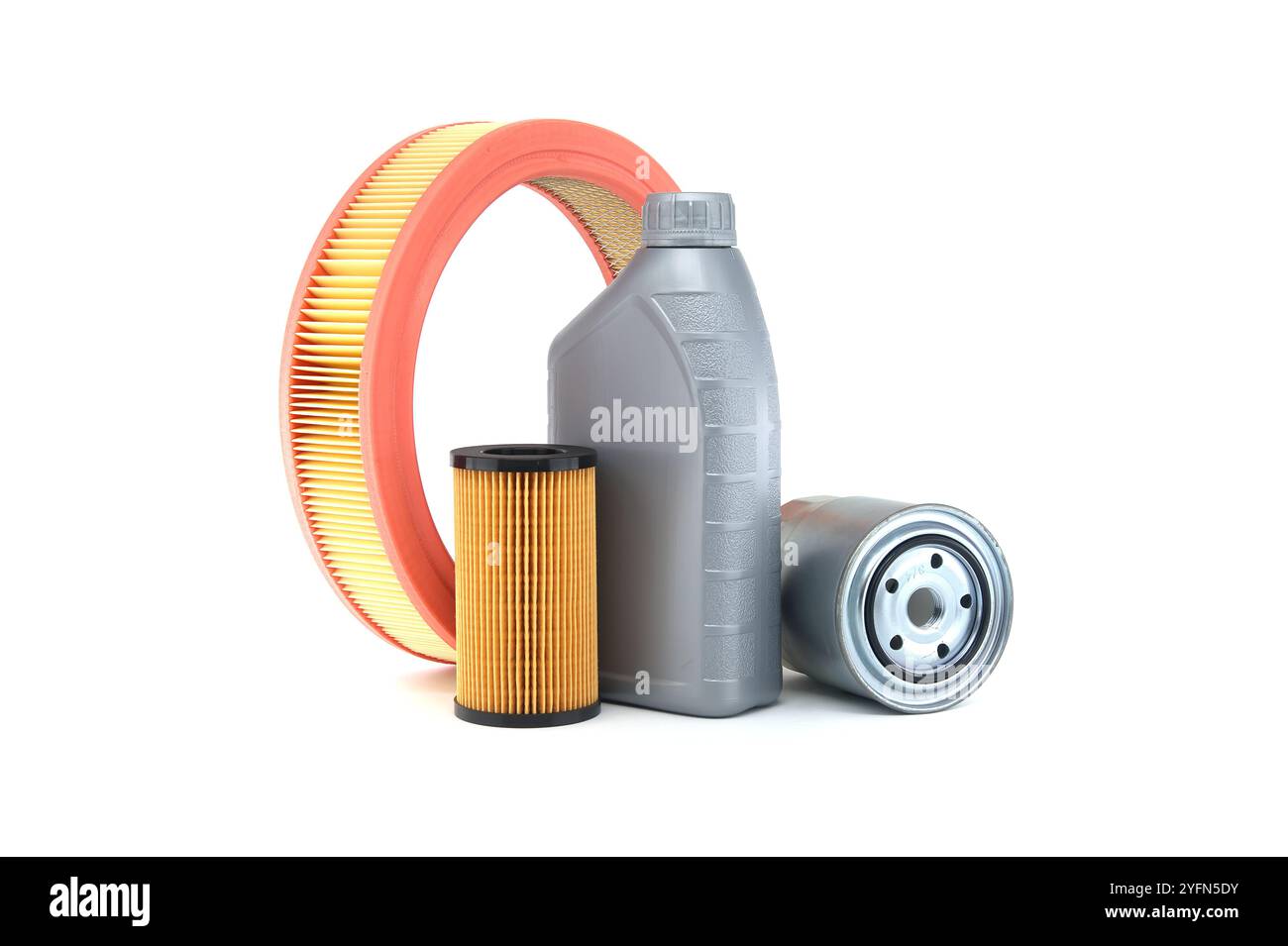 A collection of essential car parts, featuring an oil filter, air ...