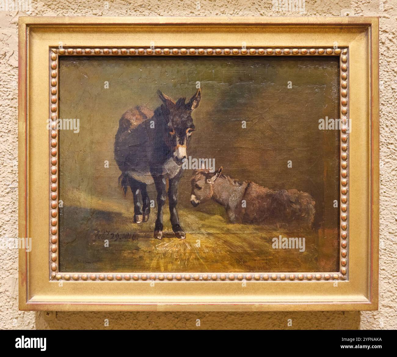 A cute 1810 painting, Two Donkeys, burros in straw. By English artist ...