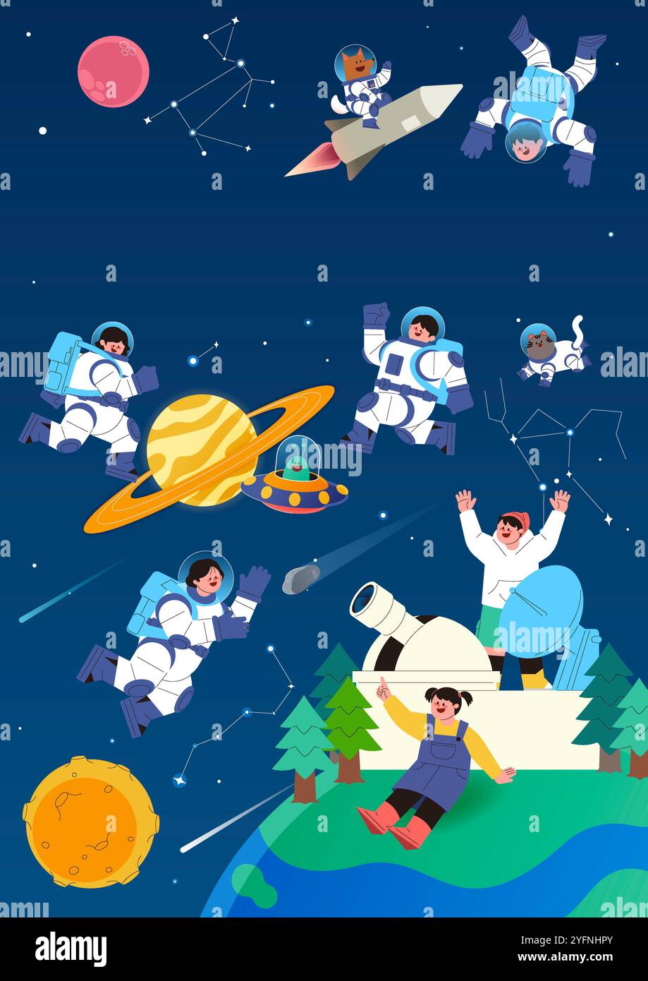 Winter vacation space science camp poster with people in space suits ...