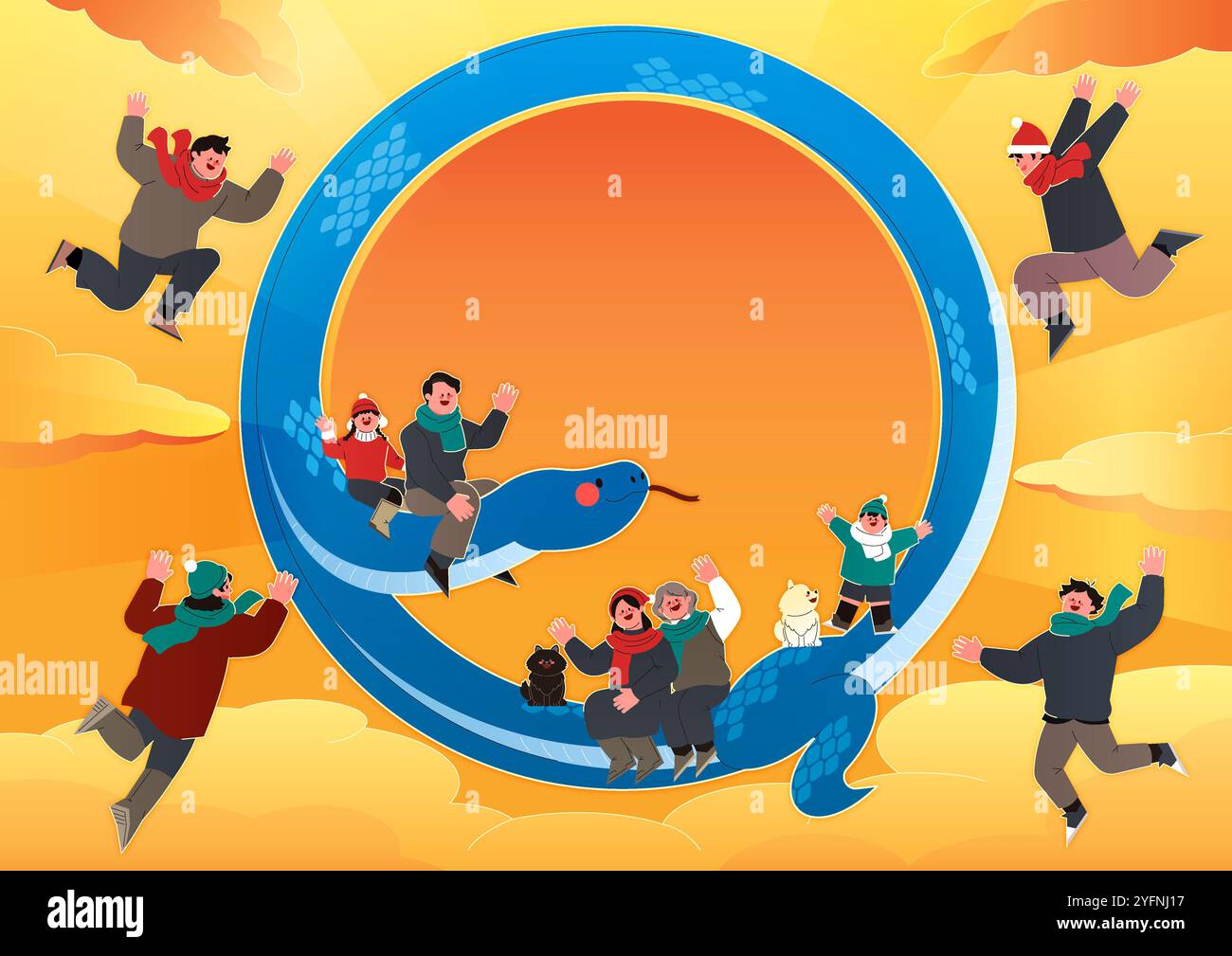 A snake and people curling their tails against a background of clouds ...
