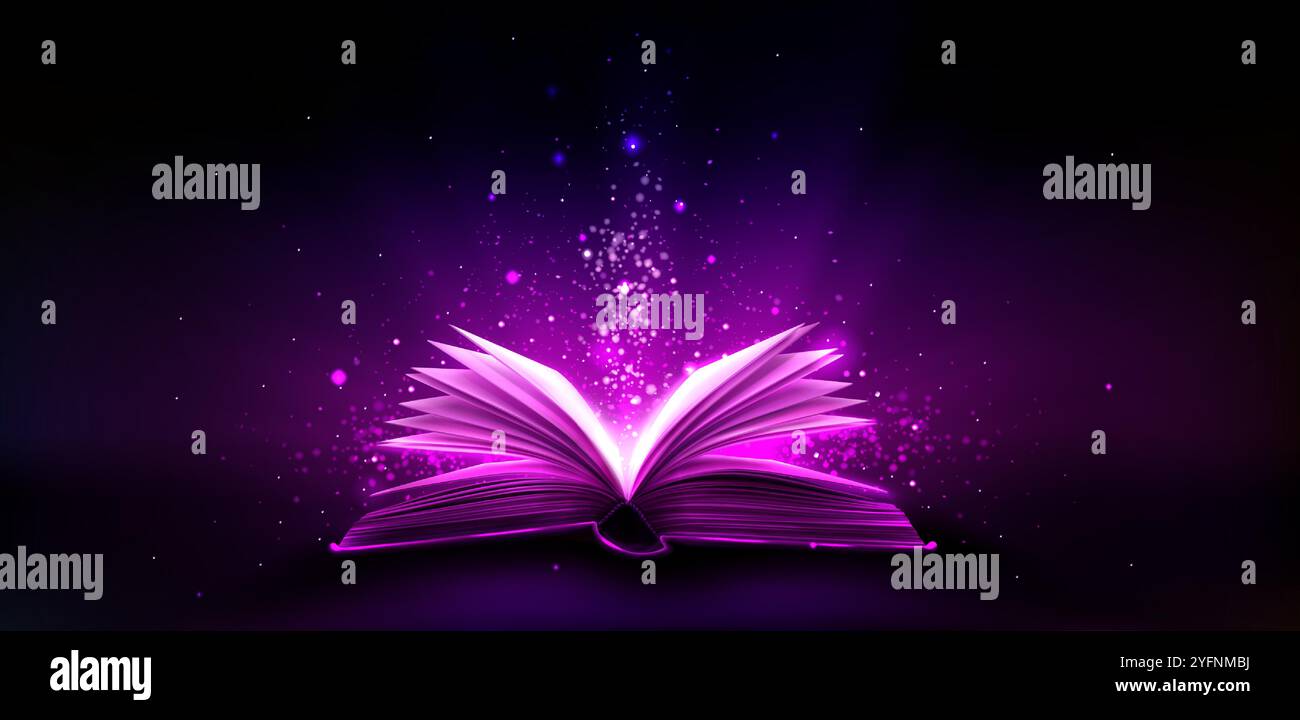 Open magic book radiating bright pink light with sparkling particles rising upward on dark ...