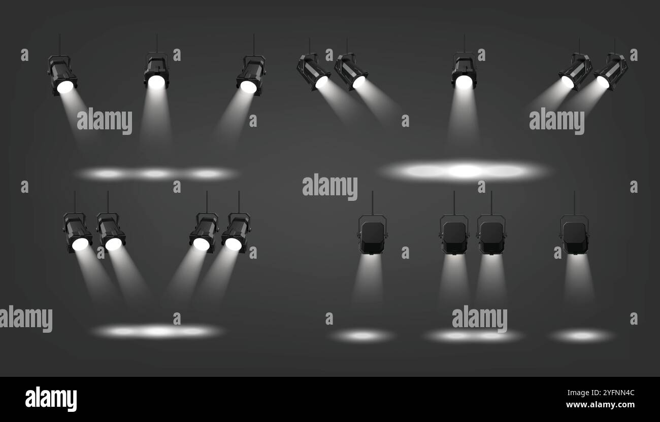 Stage spotlights set isolated on black background. Vector realistic ...