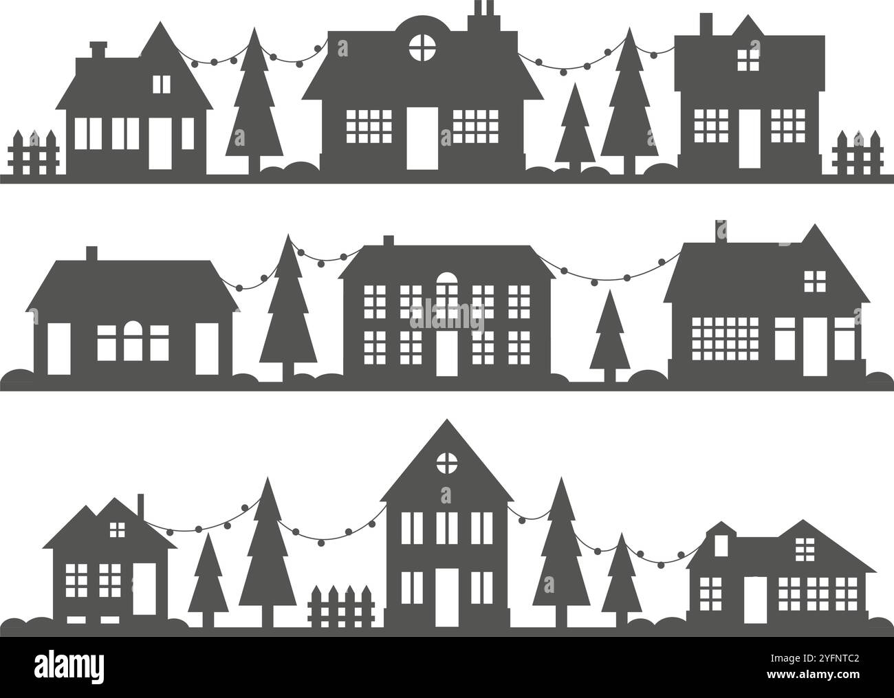 Town and village houses on skyline. Silhouette of small buildings in ...