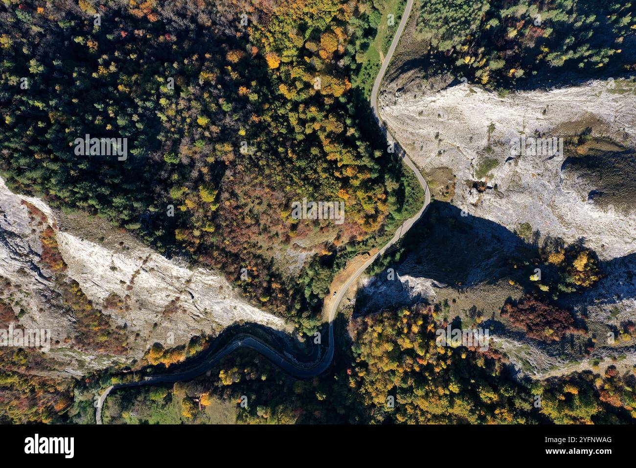 Aerial top down view of deep canyon, gorge road in autumn forest by ...