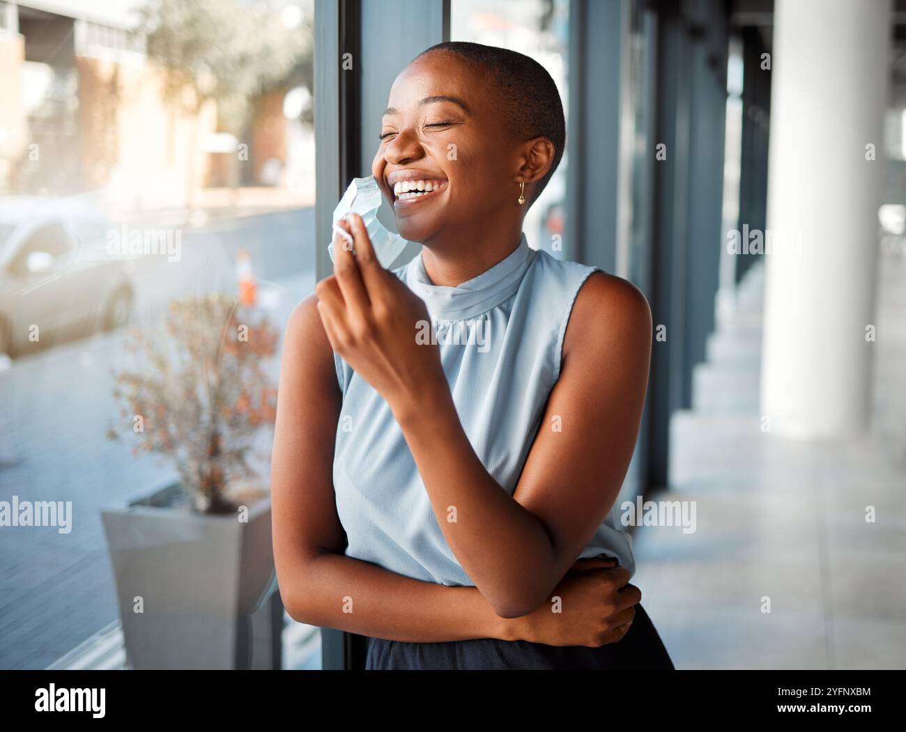 African woman, happy and face mask for health, pandemic or wellness as ...