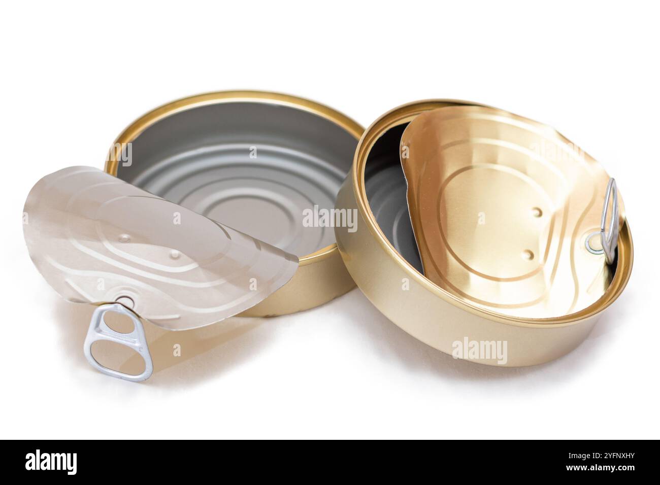 Two Opened Empty Tin Cans With Broken Cover Isolated on White ...