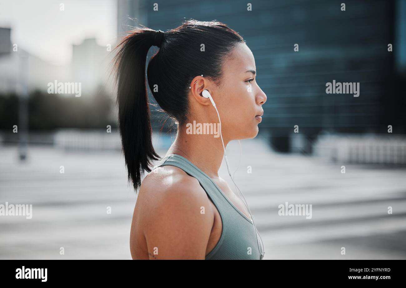 Fitness, girl and headphones with relax in city for exercise break ...