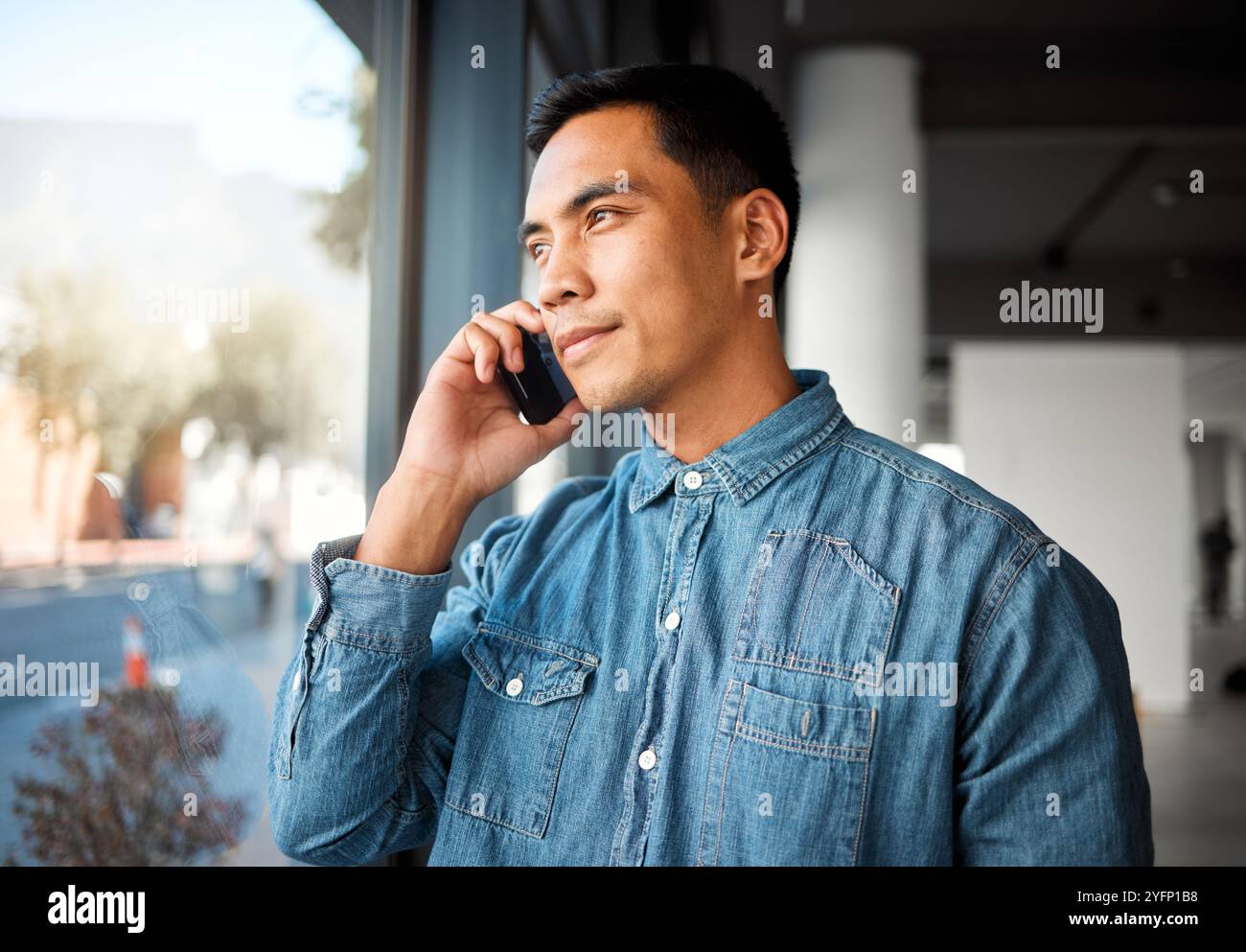 Phone call, Asian man and conversation in office, window and ...