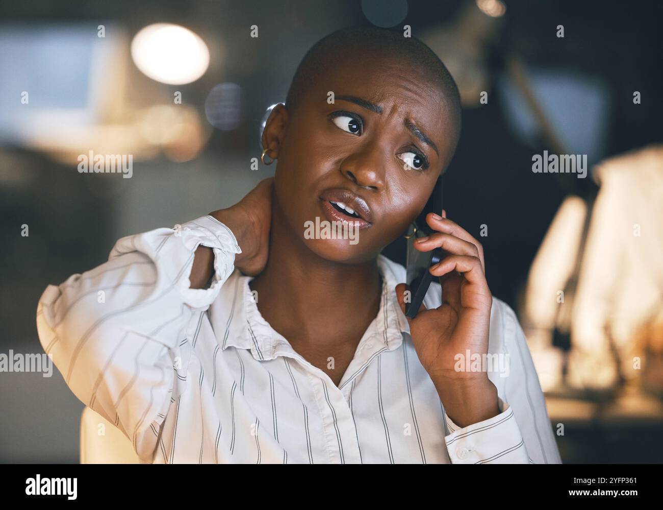 Neck pain, phone call and woman in office, talking and working late ...