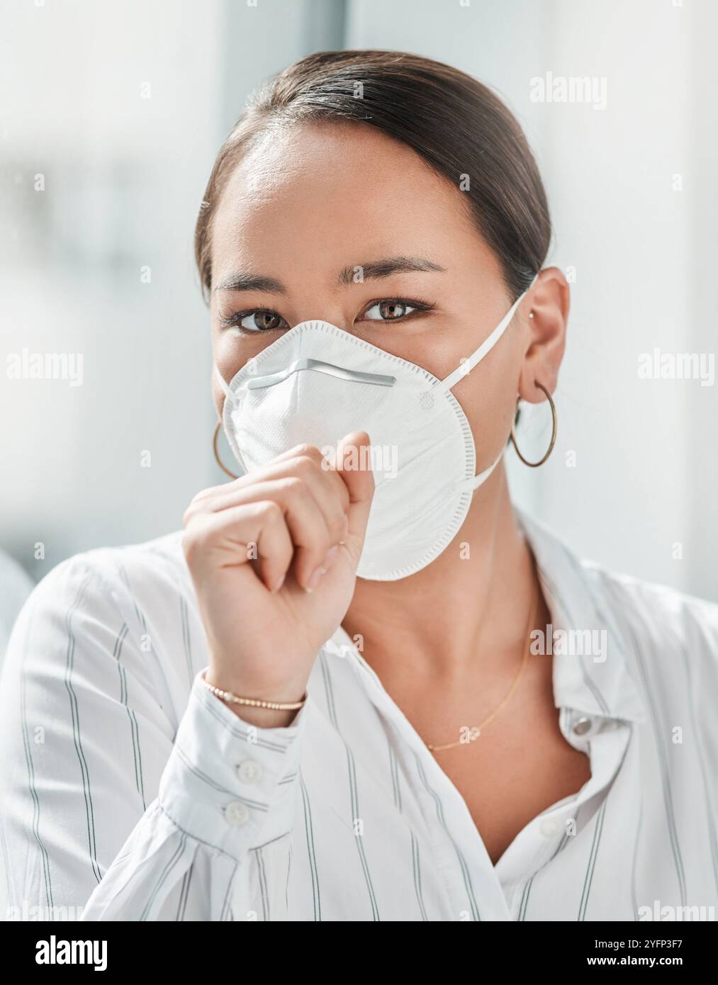 Cough, portrait and face mask with business woman for air quality ...