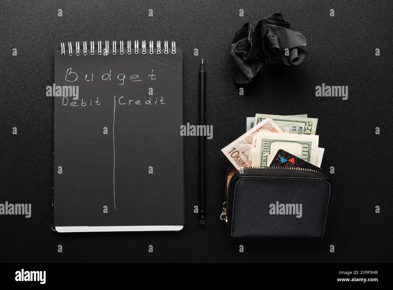 Finance and budgeting. Budget calculation. Black notebook and money ...