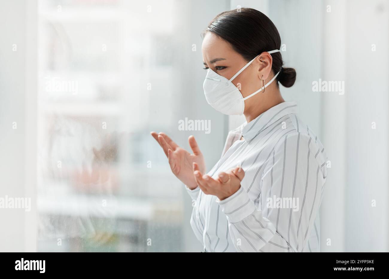 Safety, why and face mask with business woman for air quality inspector ...