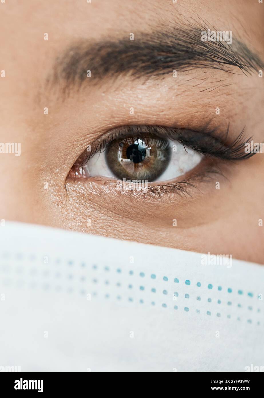 Eye, protection and person with mask, healthcare and symptoms of ...