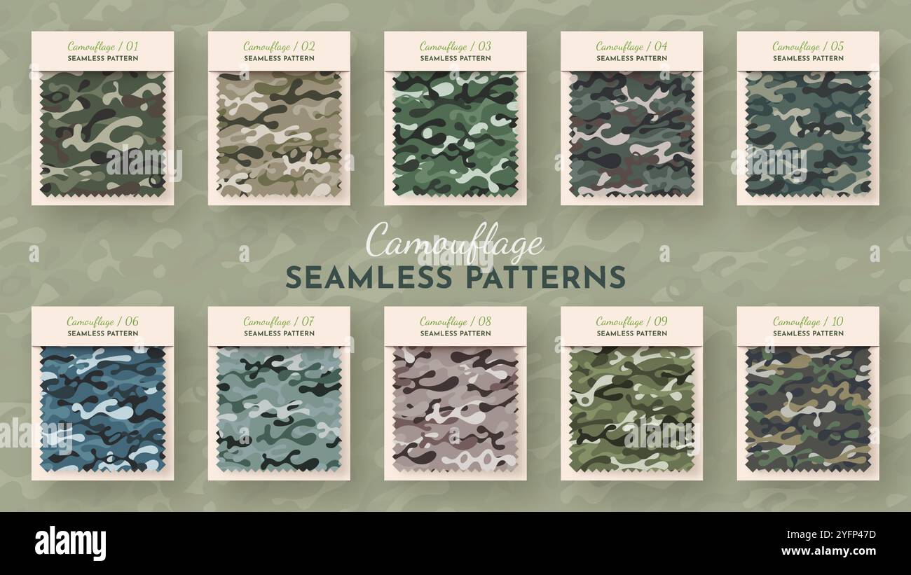 10 Seamless Camouflage Patterns. War Illustration. Traditional Military Texture. Army Background ...
