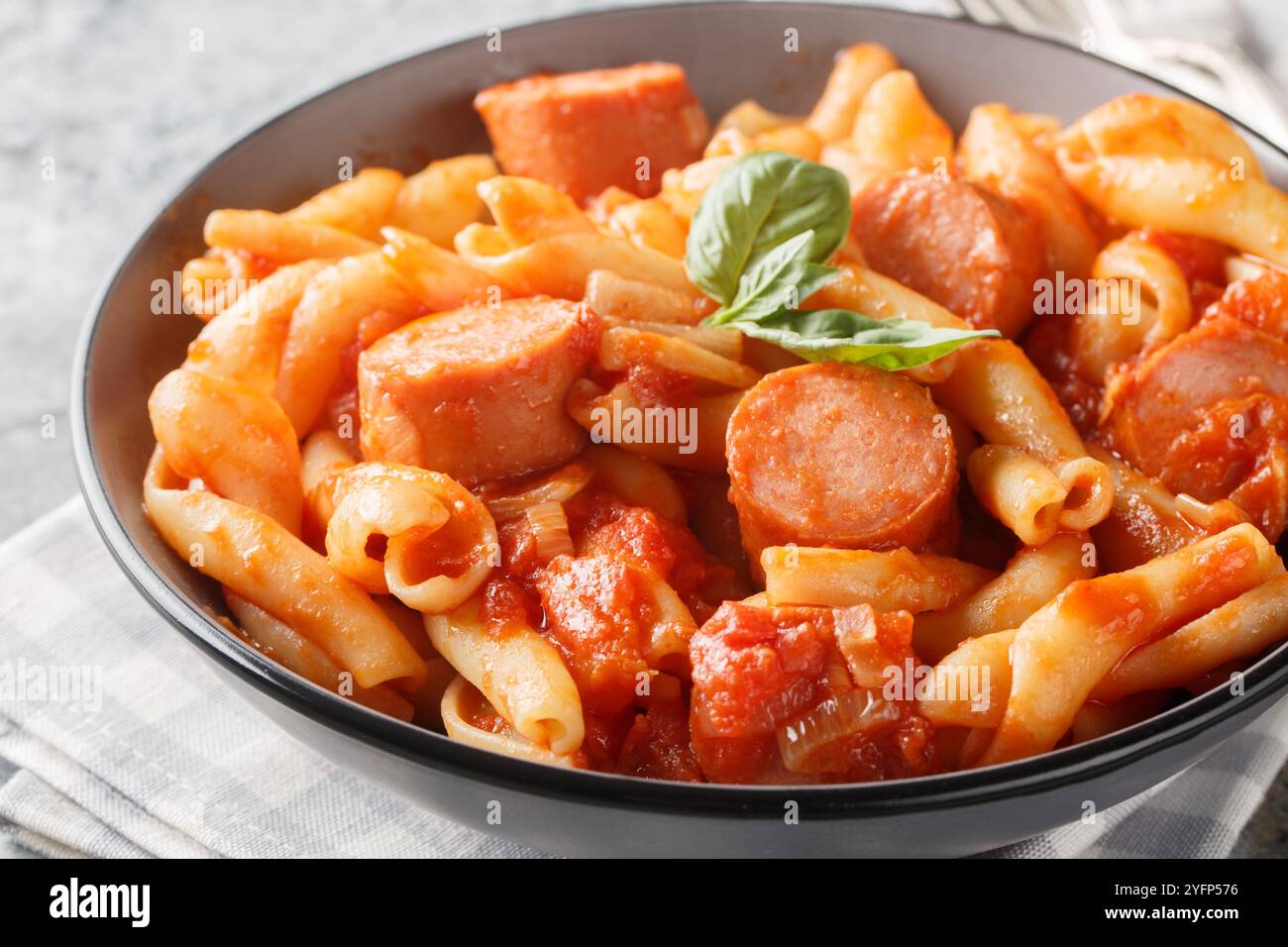 Tasty hot Treccione pasta with tomato, onion, pork sausage and basil ...