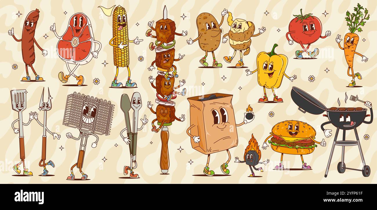 Retro cartoon groovy bbq barbeque characters with psychedelic grilled ...