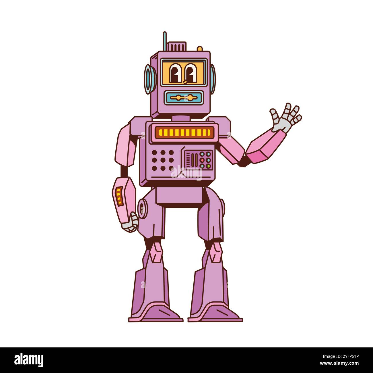 Cartoon retro groovy robot character with playful expression, antenna ...