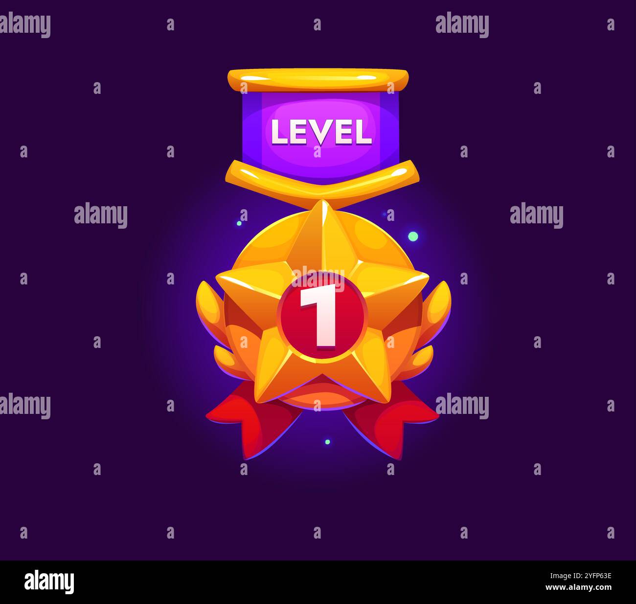 Game rank level up badge icon, victory shield award. Vector UI gold medal with star, ribbon ...