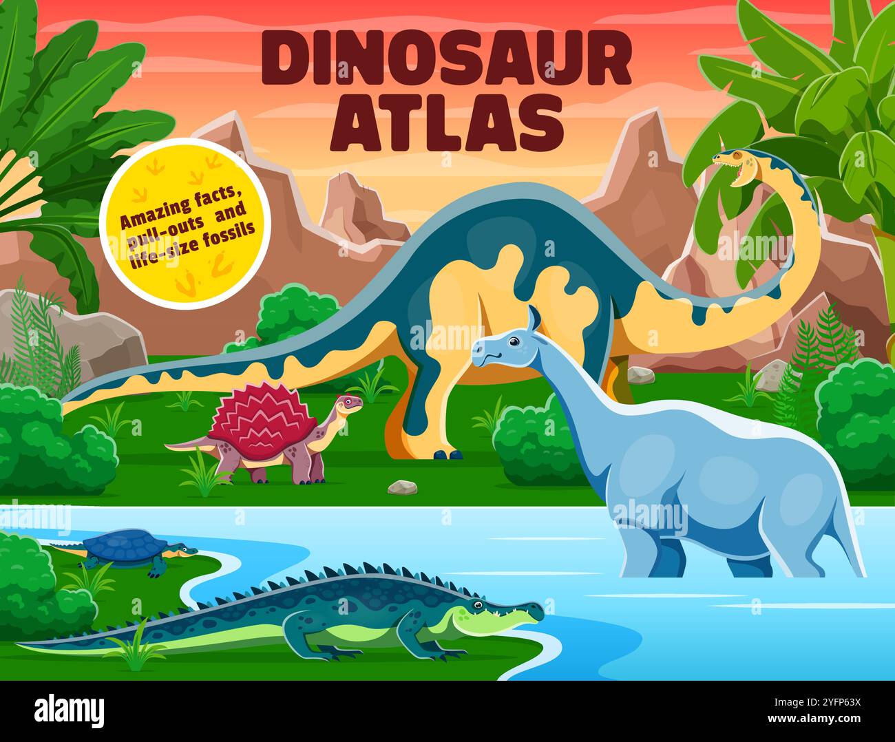 Atlas book cover with prehistoric dinosaurs and reptiles in jungle ...