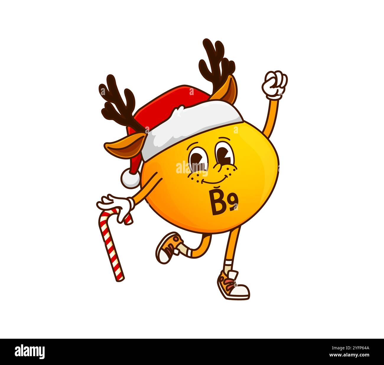 Christmas vitamin B9 cartoon groovy character in Santa hat and reindeer ...