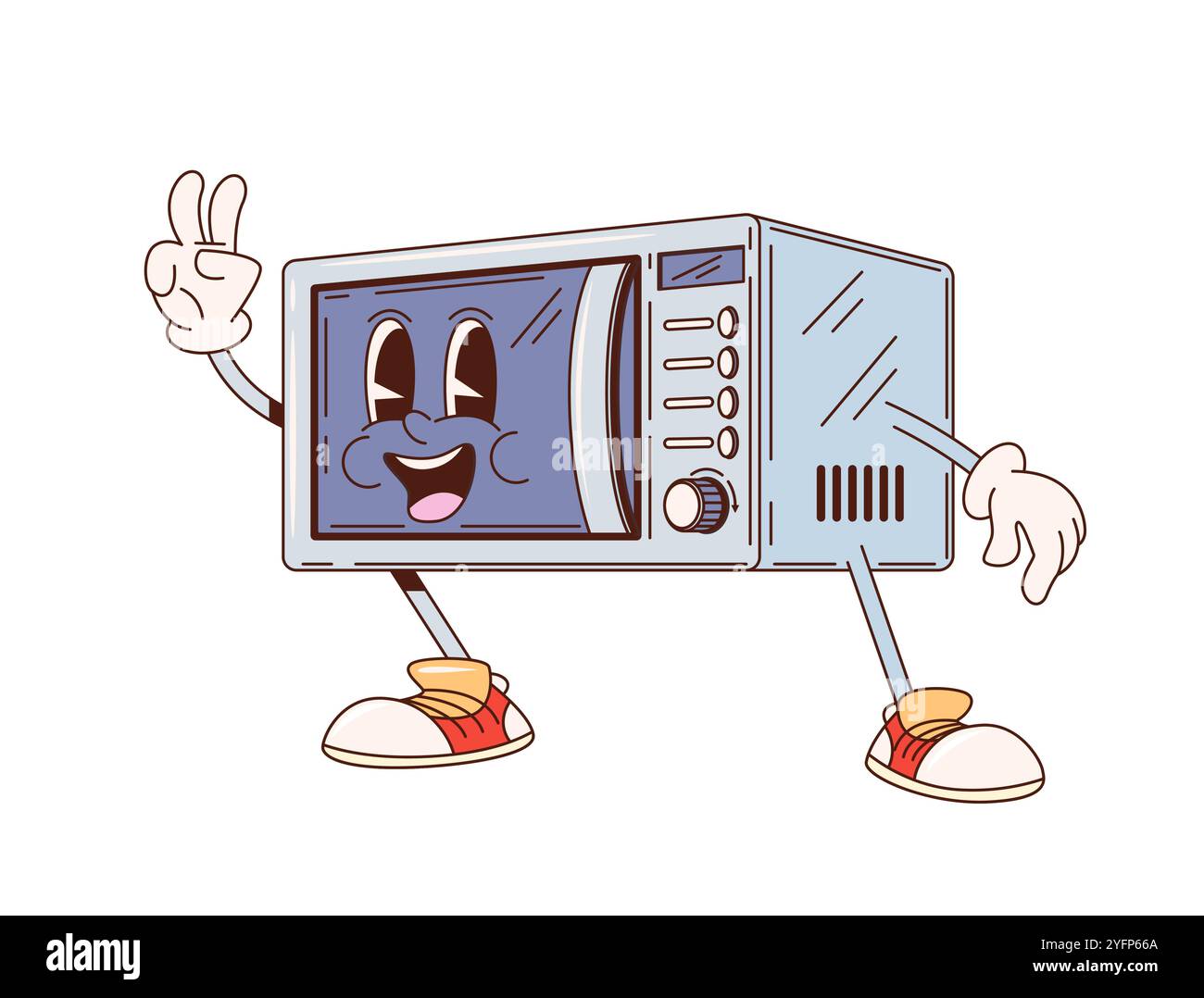 Microwave retro groovy kitchenware and utensil character. Isolated ...