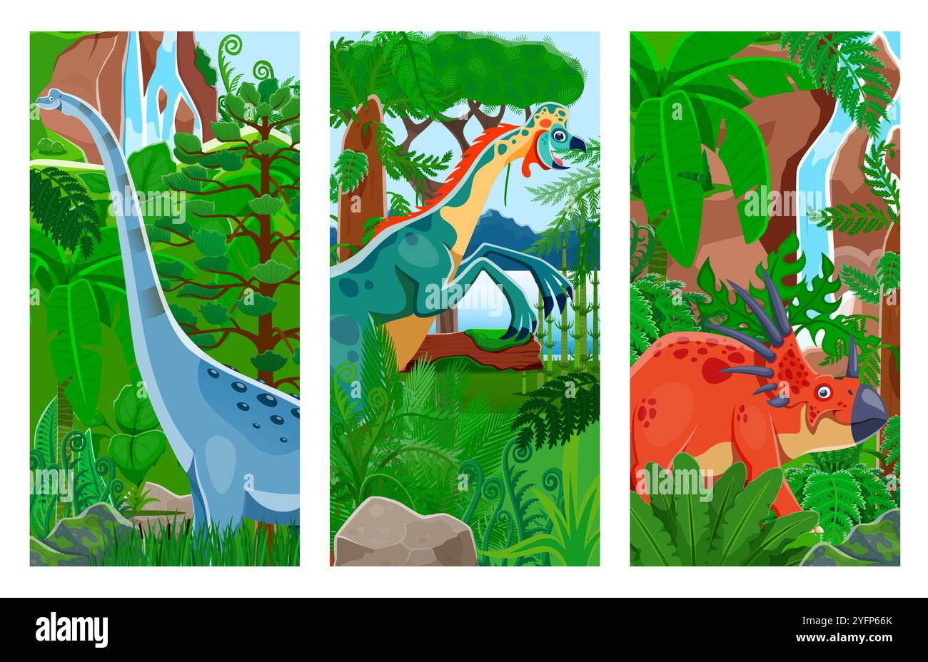 Prehistoric cartoon dinosaurs and funny dino lizards in Jurassic park ...