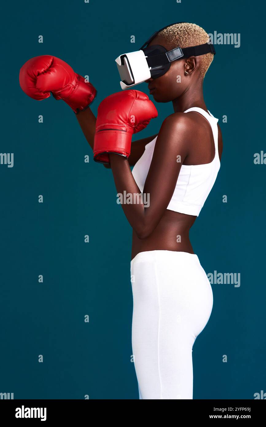 Woman, vr and headset for boxing, sports and future innovation with ...