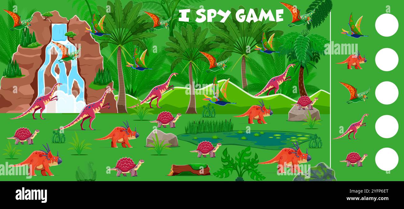 I spy game worksheet with funny prehistoric dinosaurs. Vector riddle ...