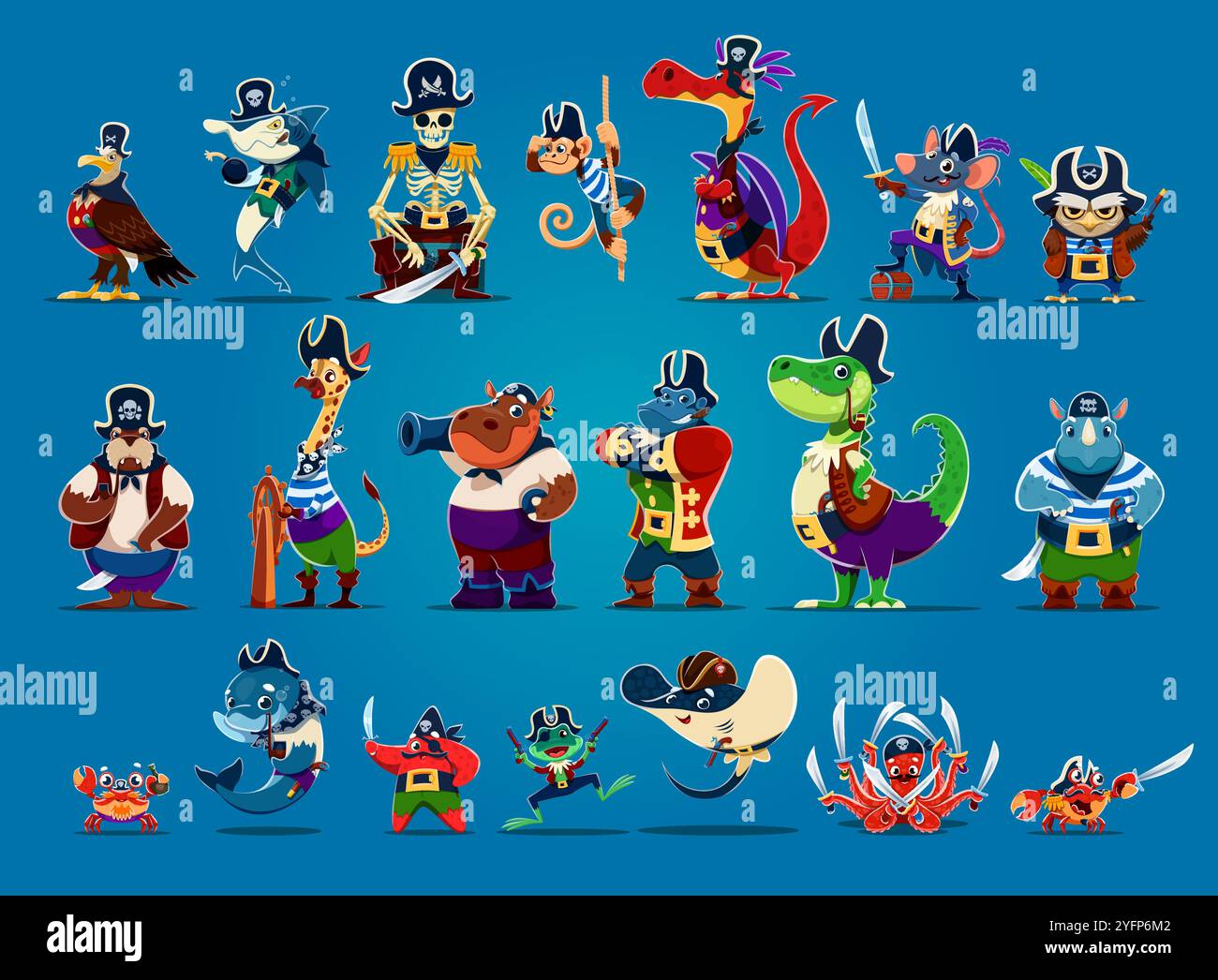 Cartoon funny animal pirate characters, corsair captain and skipper, vector Caribbean sailors ...