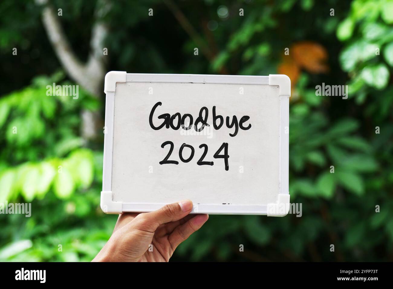 a hand holding a whiteboard with text Goodbye 2024 Stock Photo - Alamy