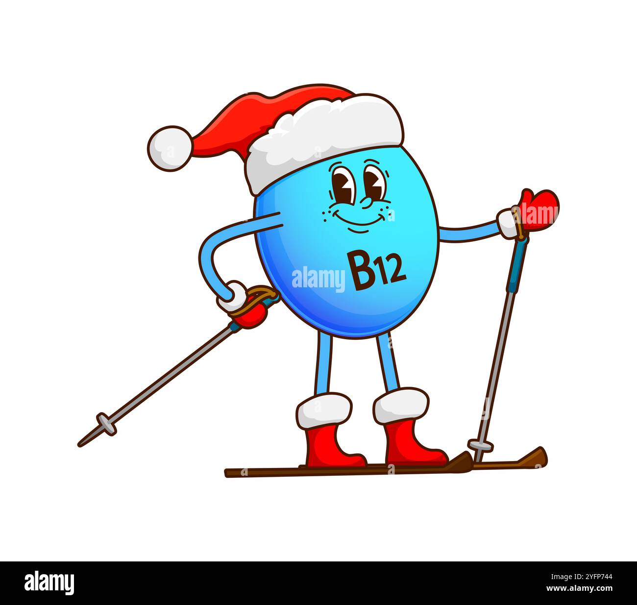 Christmas groovy vitamin B12 character on ski in Santa hat, vector ...