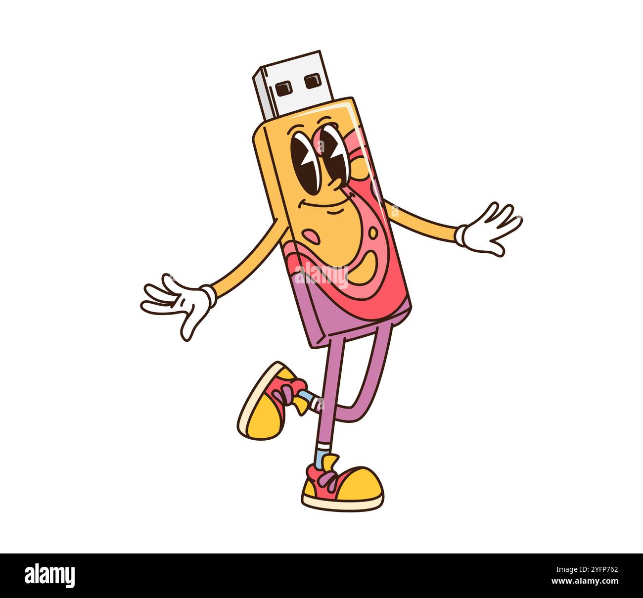 Cartoon groovy computer flash drive retro character. Isolated vector ...