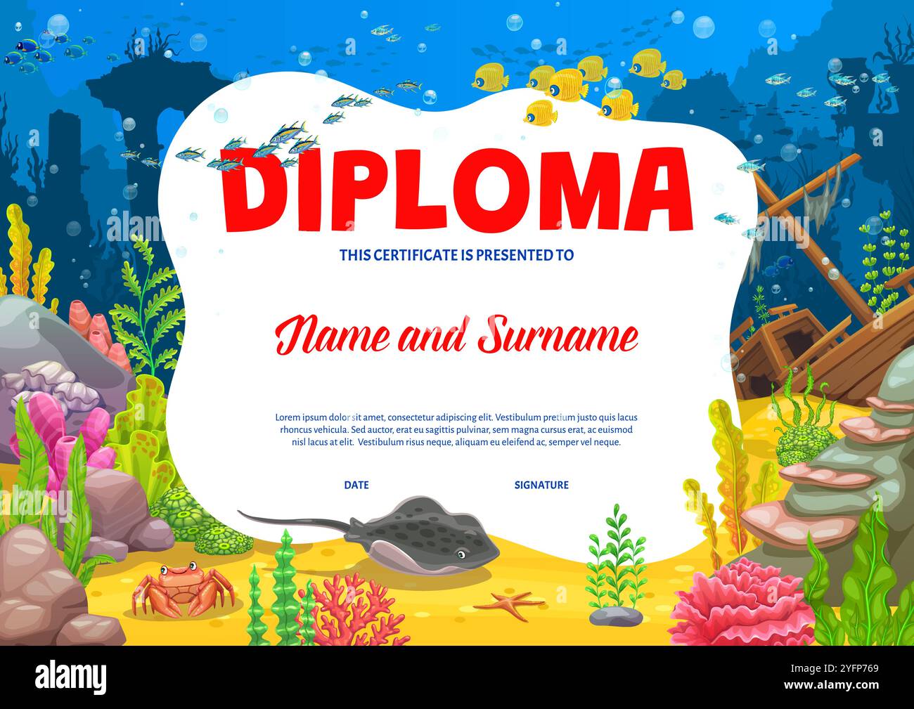 Kids diploma with sunken ship, sea animals and corals underwater ...