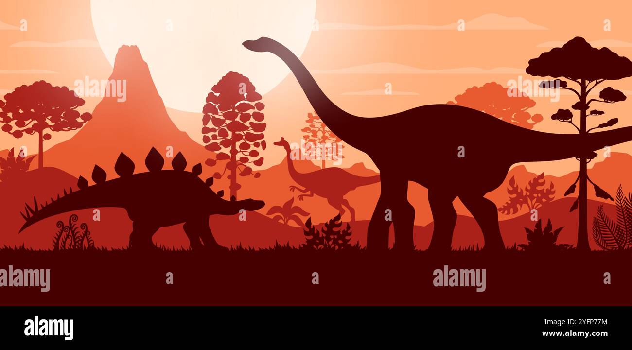 Prehistoric dinosaurs silhouettes on jurassic nature landscape vector ...