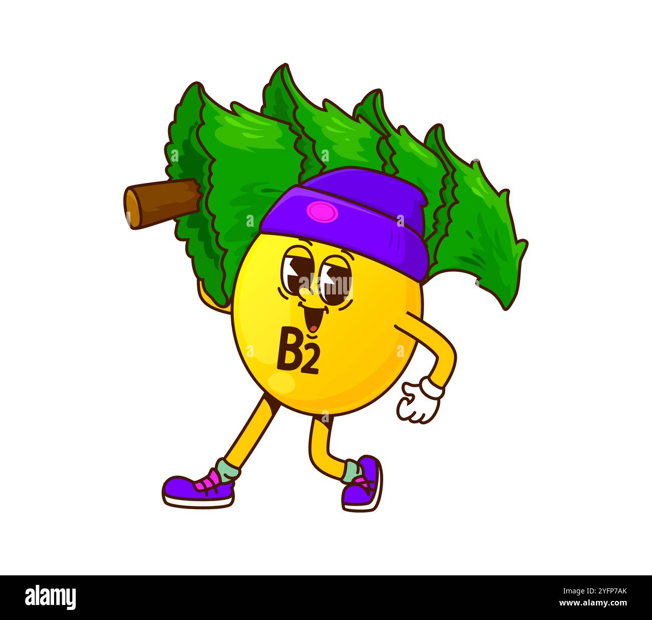 Cartoon groovy vitamin B2 character with Christmas tree for winter ...
