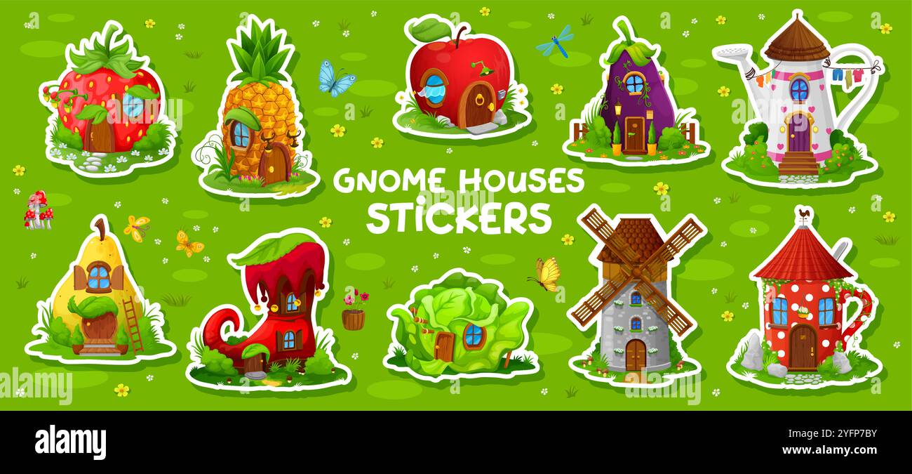 Cartoon fairytale gnome home building stickers. Vector fairy houses and ...