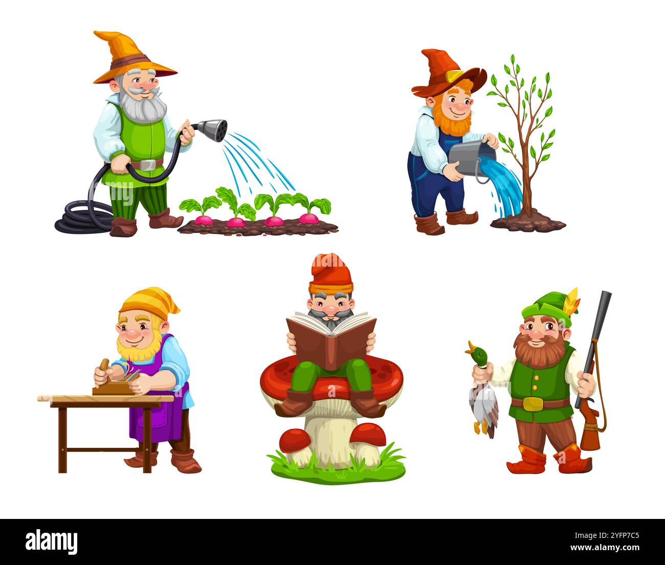 Cartoon gnome dwarf characters. Cute fairytale garden gnome vector ...